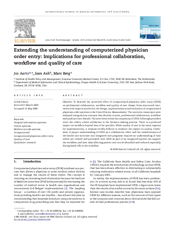 (PDF) Extending the understanding of computerized physician order entry: Implications for ...