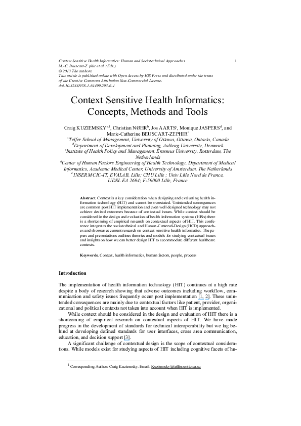 (PDF) Context Sensitive Health Informatics: Concepts, Methods and Tools