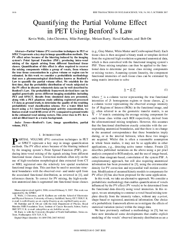 (PDF) Quantifying the Partial Volume Effect in PET Using Benford's Law