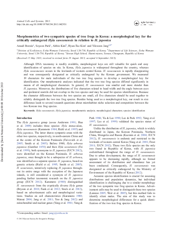 (PDF) Morphometrics of two sympatric species of tree frogs in Korea: a ...