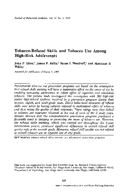 (PDF) Tobacco-refusal skills and tobacco use among high-risk adolescents