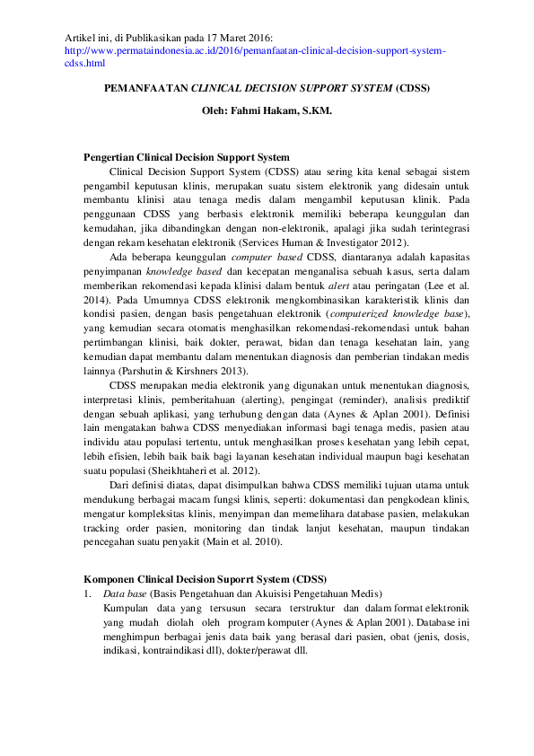(PDF) PEMANFAATAN CLINICAL DECISION SUPPORT SYSTEM (CDSS)