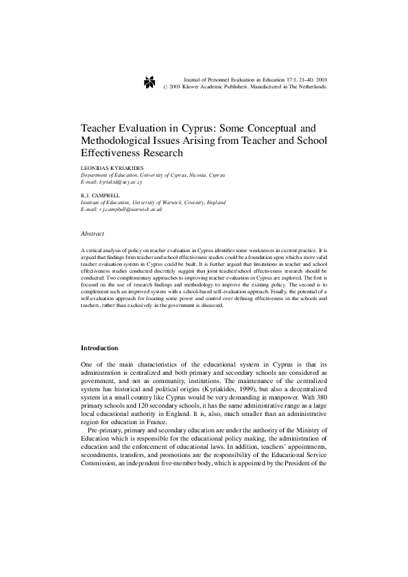 (PDF) Teacher evaluation in Cyprus: Some conceptual and methodological issues arising from ...