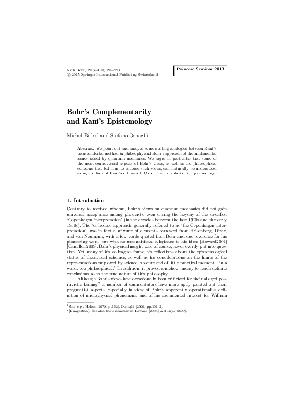 (PDF) BOHR'S COMPLEMENTARITY AND KANT'S EPISTEMOLOGY