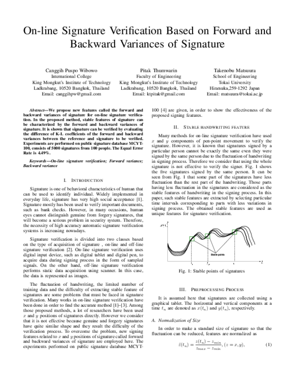 (PDF) On-line Signature Verification Based on Forward and Backward Variances of Signature