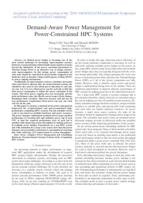 (PDF) Demand-Aware Power Management for Power-Constrained HPC Systems