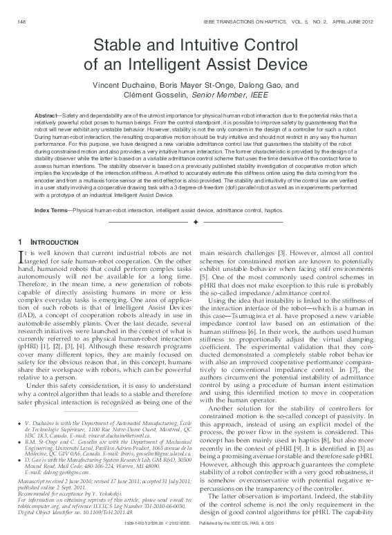 (PDF) Stable and Intuitive Control of an Intelligent Assist Device