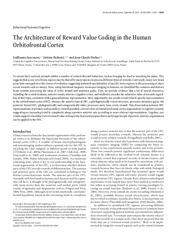 (PDF) The Architecture of Reward Value Coding in the Human Orbitofrontal Cortex | Jean-Claude ...