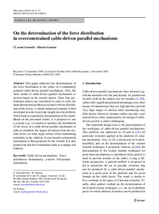 (PDF) On the determination of the force distribution in overconstrained cable-driven parallel ...