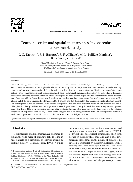 (PDF) Temporal order and spatial memory in schizophrenia: a parametric study