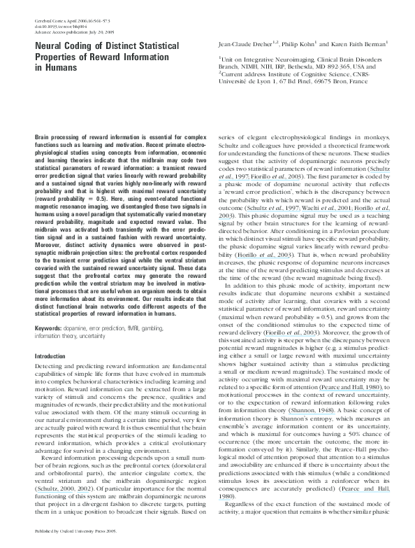 (PDF) Neural Coding of Distinct Statistical Properties of Reward ...