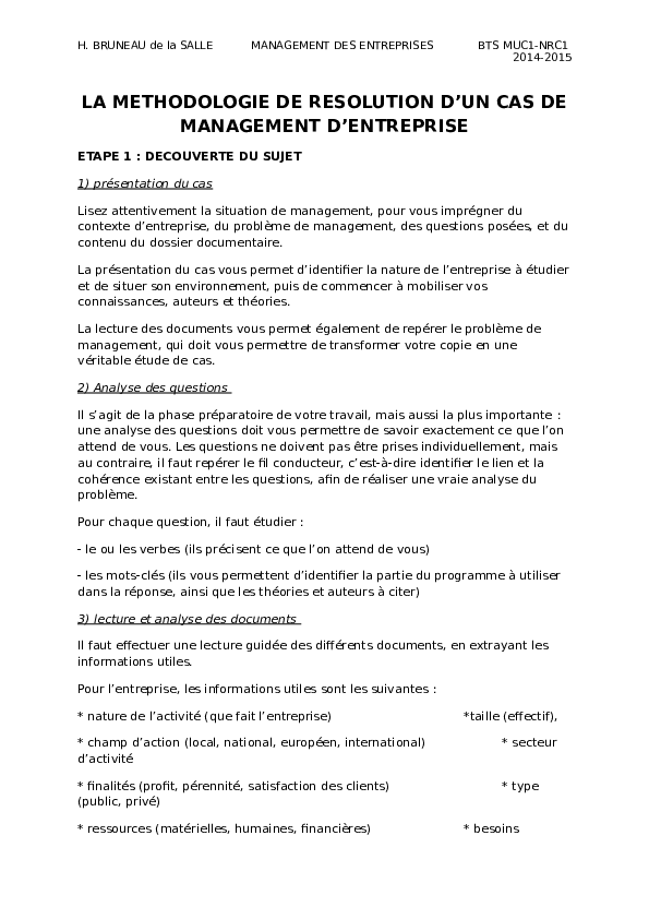 (DOC) LA METHODOLOGIE DE RESOLUTION D'UN CAS DE MANAGEMENT D'ENTREPRISE