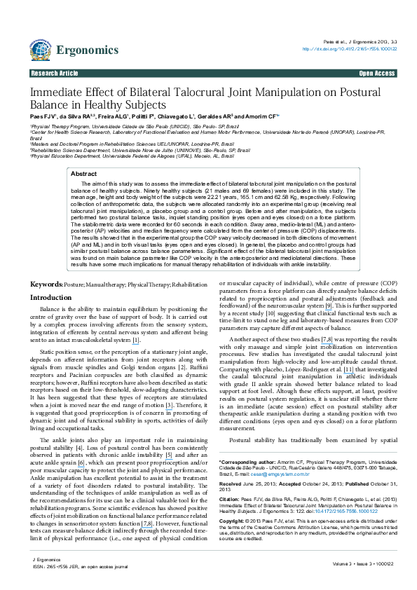 (PDF) Immediate Effect of Bilateral Talocrural Joint Manipulation on ...