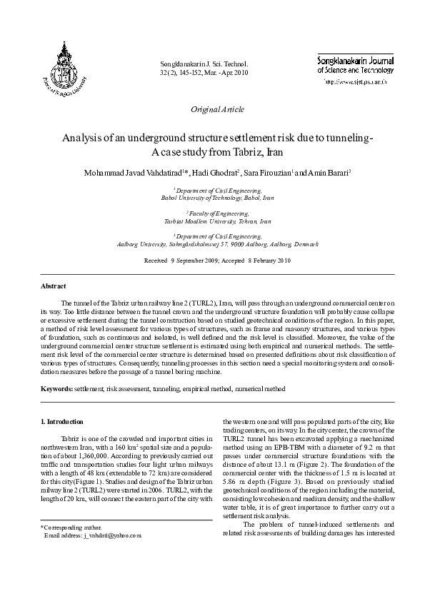 (PDF) Analysis of an Underground Structure Settlement Risk Due to Tunneling- A Case Study from ...
