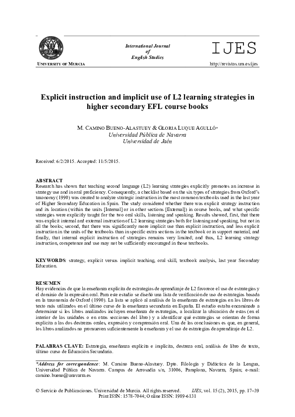 Pdf Explicit Instruction And Implicit Use Of L2 Learning Strategies In Higher Secondary Efl