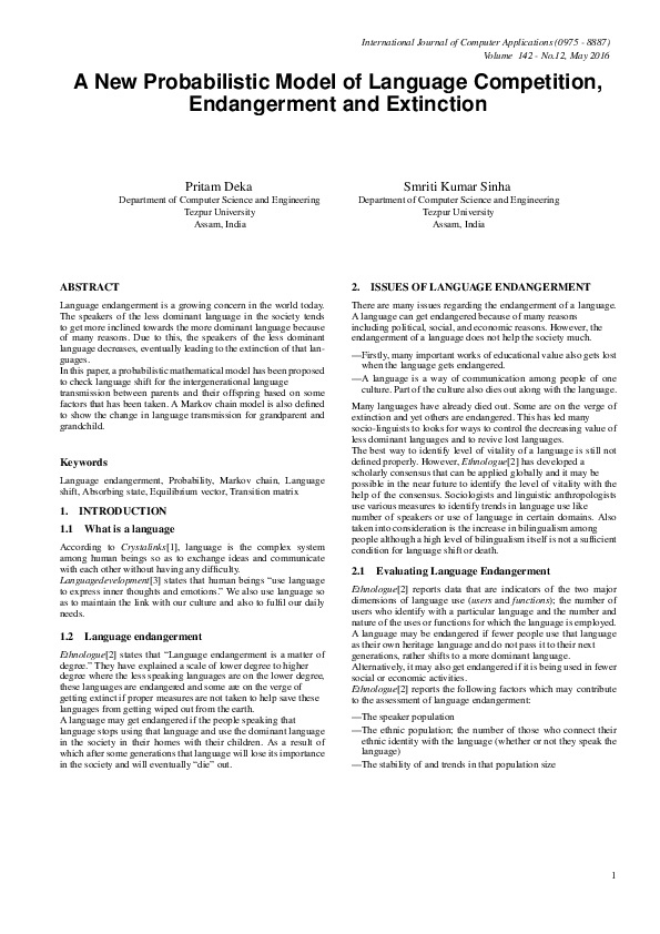 (PDF) A New Probabilistic Model of Language Competition, Endangerment ...