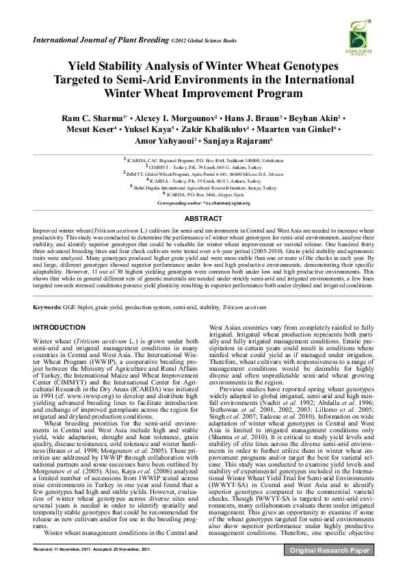 Yield Stability Analysis of Winter Wheat Genotypes Targeted to Semi ...