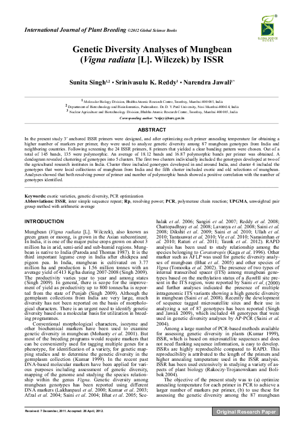 Genetic Diversity Analyses of Mungbean (Vigna radiata [L]. Wilczek) by ISSR