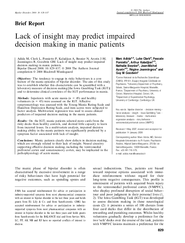 (PDF) Lack of insight may predict impaired decision making in manic ...