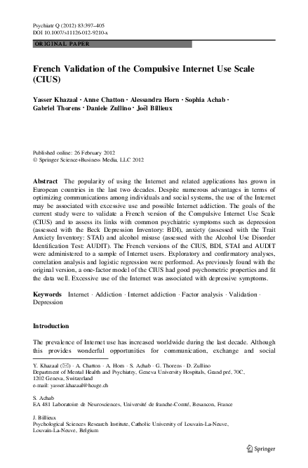 (PDF) French Validation of the Compulsive Internet Use Scale (CIUS)