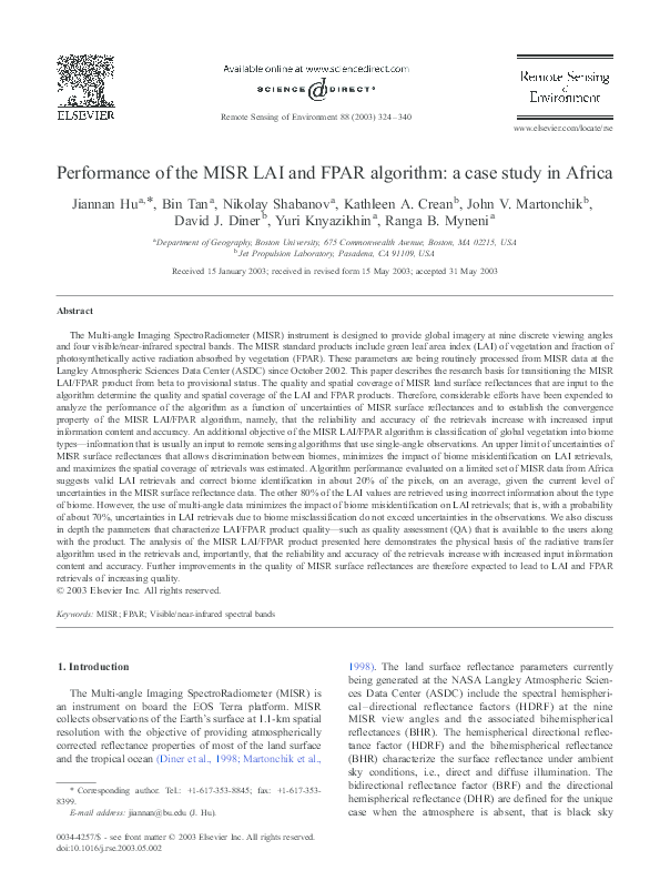 (PDF) Performance of the MISR LAI and FPAR algorithm: A case study in Africa