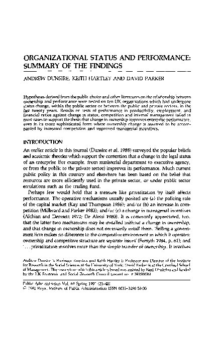(PDF) Organizational Status a Performance: Summary of the Findings