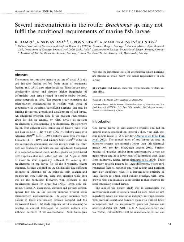 (PDF) Several micronutrients in the rotifer Brachionus sp. may not ...