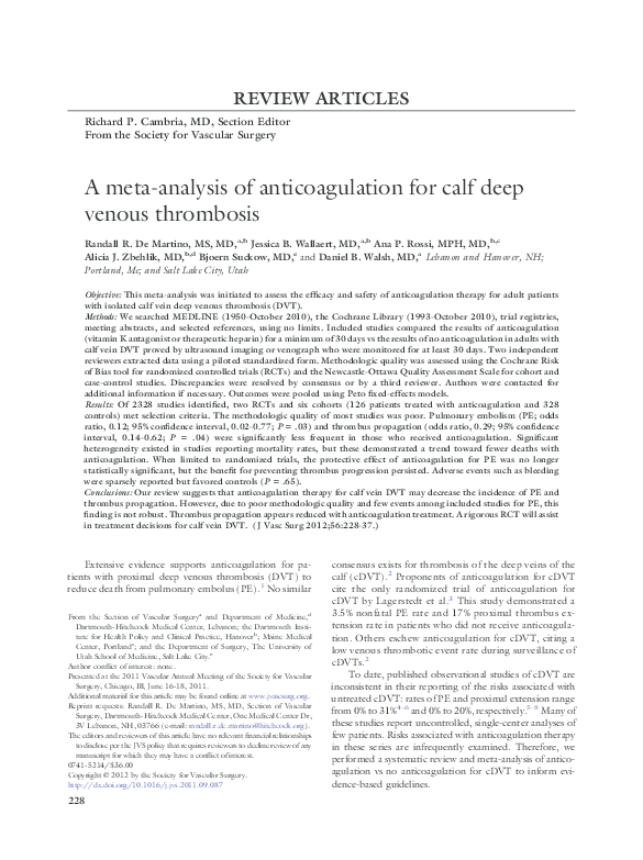 (PDF) A meta-analysis of anticoagulation for calf deep venous thrombosis