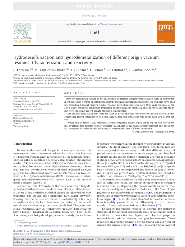 (PDF) Hydrodesulfurization and hydrodemetallization of different origin vacuum residues ...