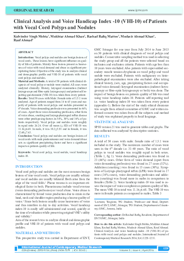 (PDF) Clinical Analysis and Voice Handicap Index -10 (VHI-10) of ...
