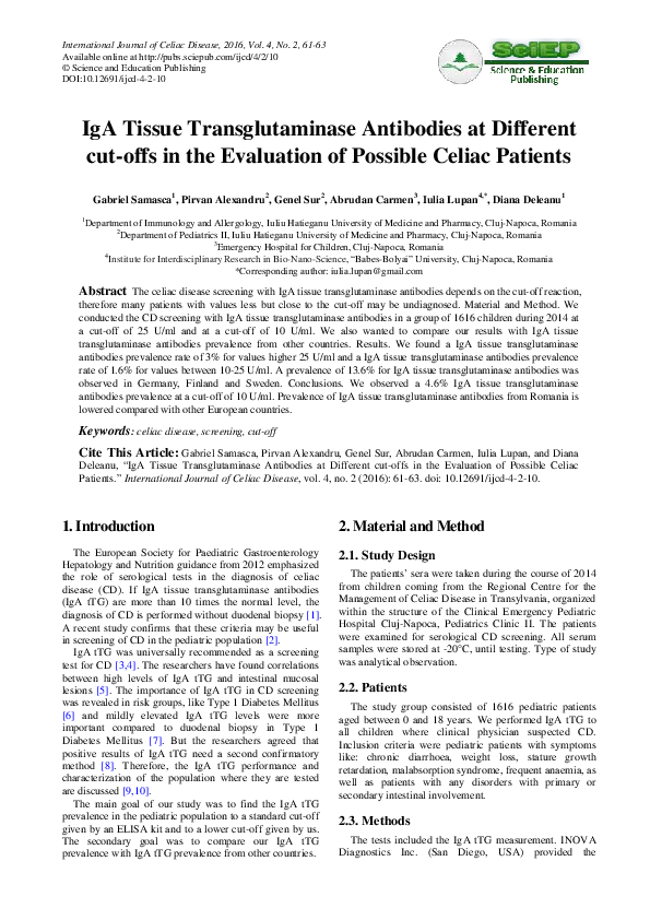 (PDF) IgA Tissue Transglutaminase Antibodies at Different cut-offs in ...