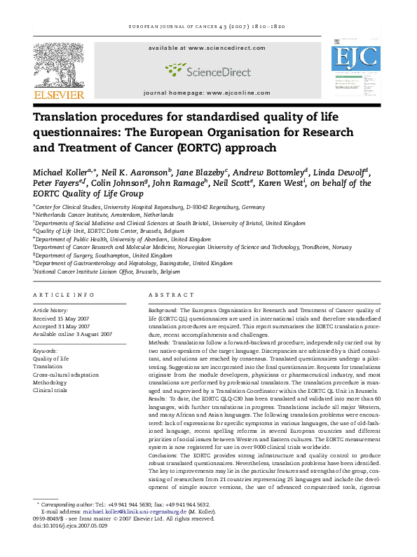 (PDF) Translation procedures for standardised quality of life ...