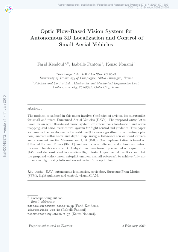 (PDF) Optic flow-based vision system for autonomous 3D localization and control of small aerial ...