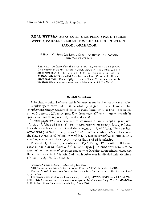 (PDF) REAL HYPERSURFACES IN COMPLEX SPACE FORMS WITH ε-PARALLEL RICCI TENSOR AND STRUCTURE ...