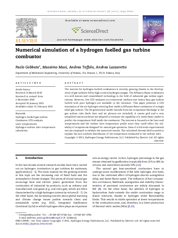 (PDF) Numerical simulation of a hydrogen fuelled gas turbine combustor