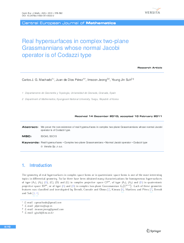 (PDF) Real hypersurfaces in complex two-plane Grassmannians whose structure Jacobi operator is ...