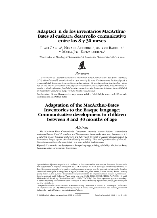 (PDF) Adaptación de los inventarios MacArthur-Bates al euskara ...