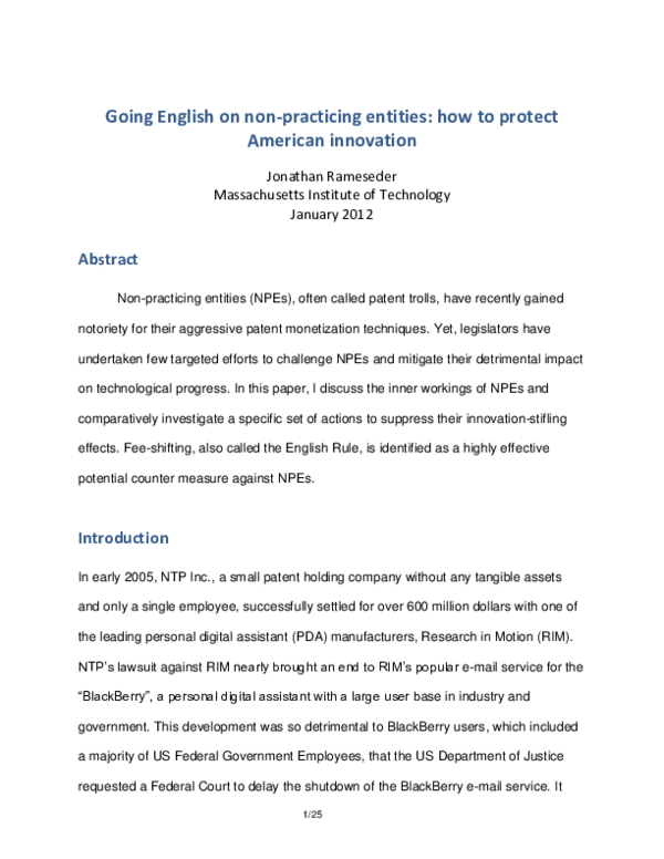 (PDF) Going English on non-practicing entities: how to protect American ...