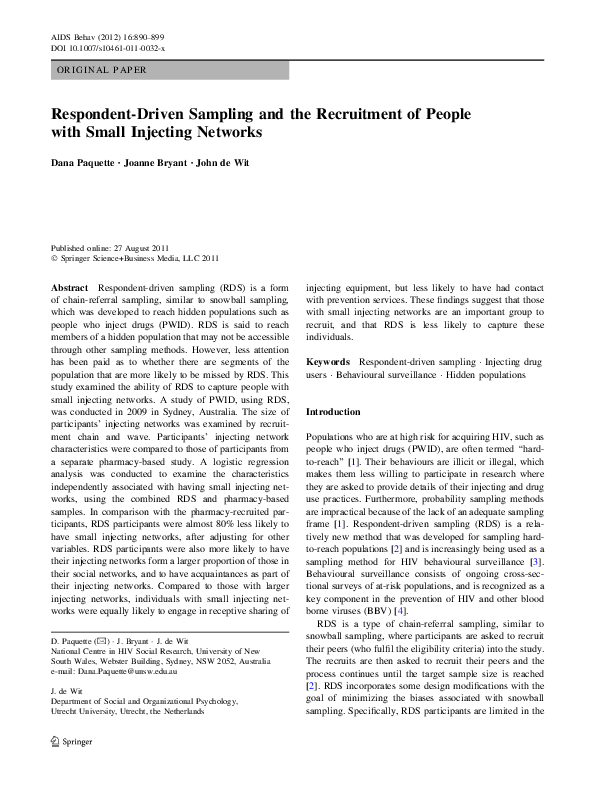 (PDF) Respondent-Driven Sampling and the Recruitment of People with ...