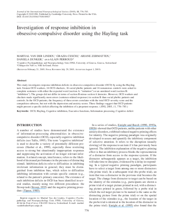 (PDF) Investigation of response inhibition in obsessive-compulsive disorder using the Hayling task