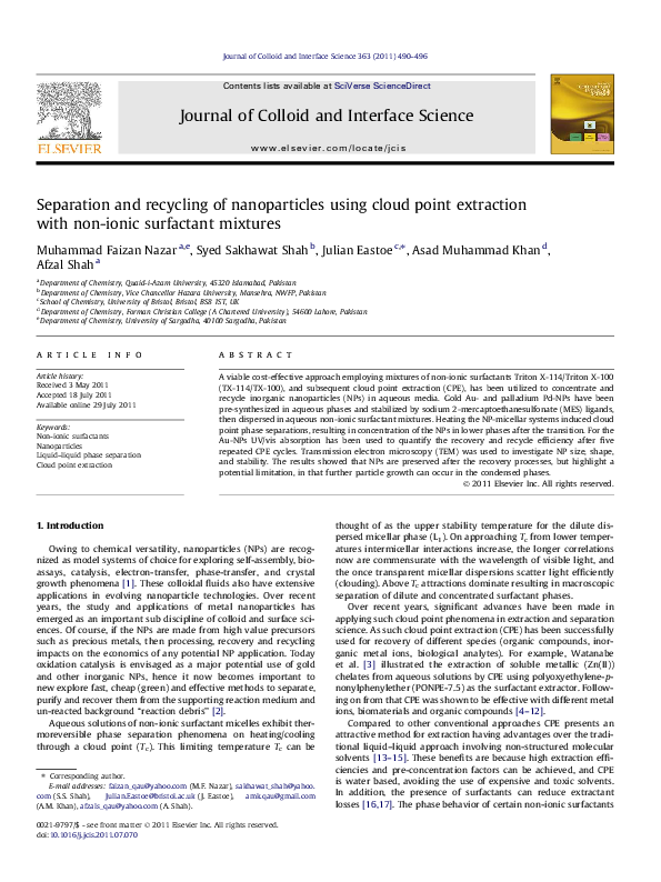 (PDF) Separation and recycling of nanoparticles using cloud point ...