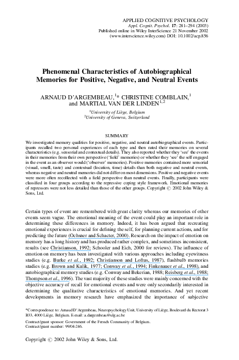 (PDF) Phenomenal characteristics of autobiographical memories for ...