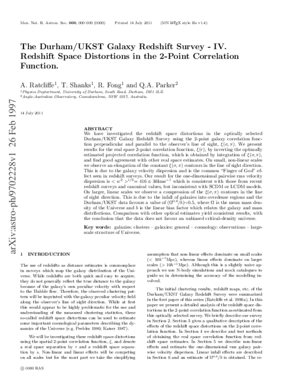 (PDF) The Durham/UKST Galaxy Redshift Survey-IV. Redshift Space Distortions via the 2-Point ...