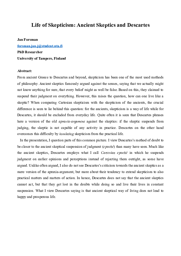 (DOC) Life of Skepticism: Ancient Skeptics and Descartes