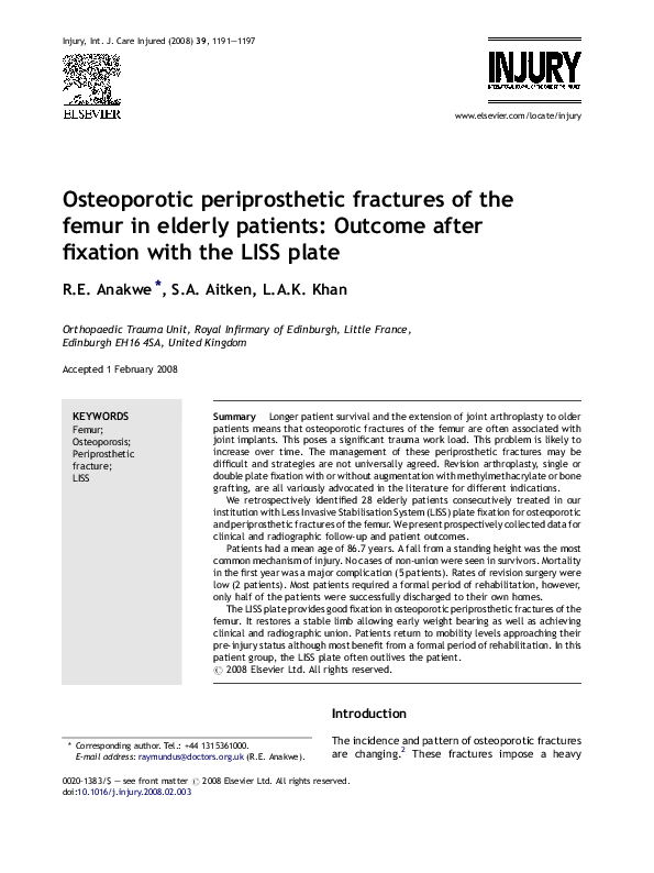 (PDF) Osteoporotic periprosthetic fractures of the femur in elderly ...