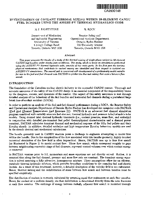 (PDF) Investigation of Coolant Thermal Mixing Within 28-ELEMENT Candu ...