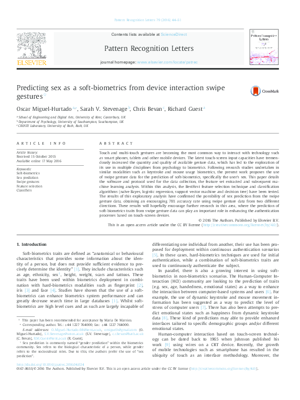 Pdf Predicting Sex As A Soft Biometrics From Device Interaction Swipe Gestures