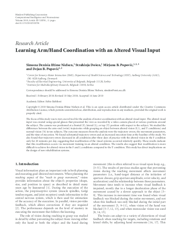 (PDF) Learning Arm/Hand Coordination with an Altered Visual Input