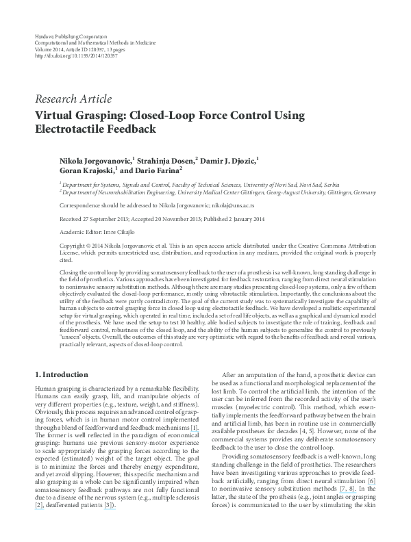 (PDF) Virtual Grasping: Closed-Loop Force Control Using Electrotactile ...