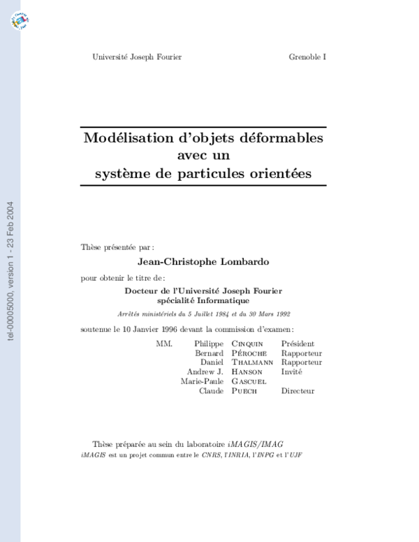 (PDF) Mod elisation d objets d eformables avec un syst eme de particules orient ees